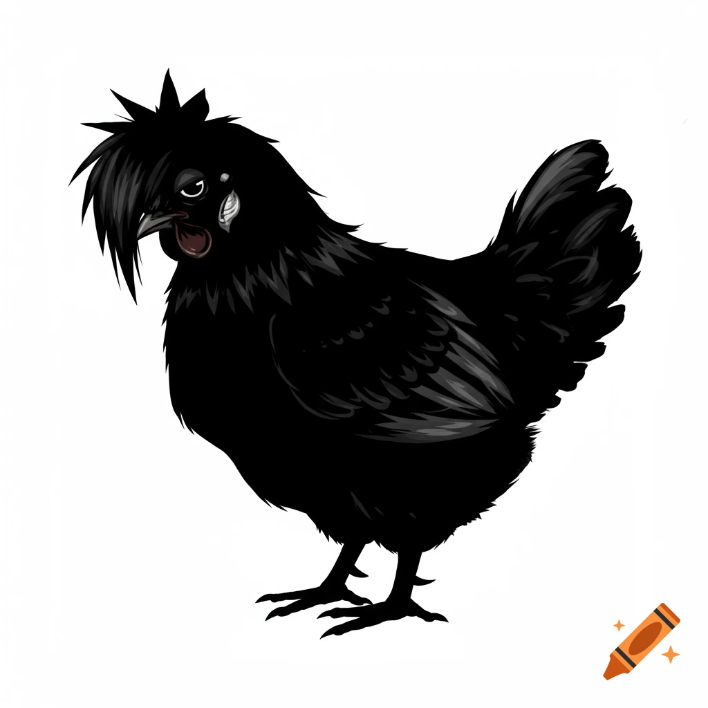 A black chicken with emo-style spiky hair stands on a white background. on Craiyon