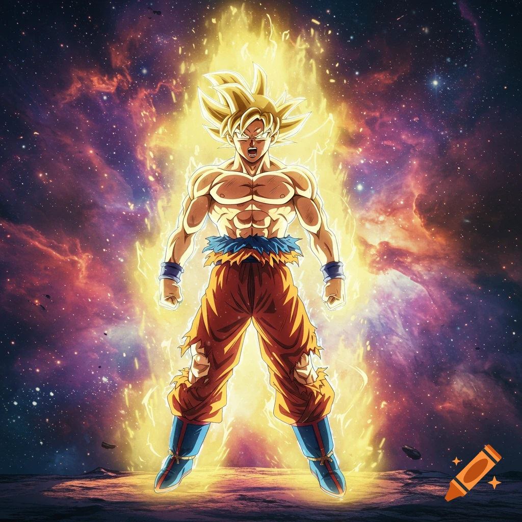 Anime character Vegeta powering up with a yellow aura in a destroyed ...