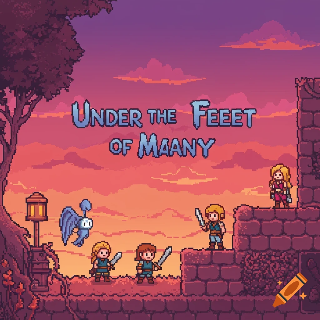 Pixel art title screen: Under the Feet of Many on Craiyon