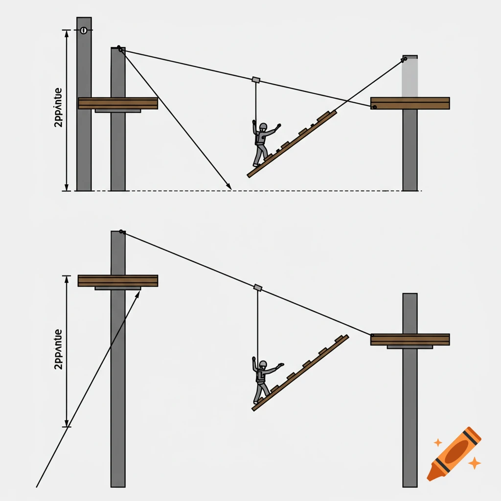 Technical illustration of zipline platforms with varying slopes and ...