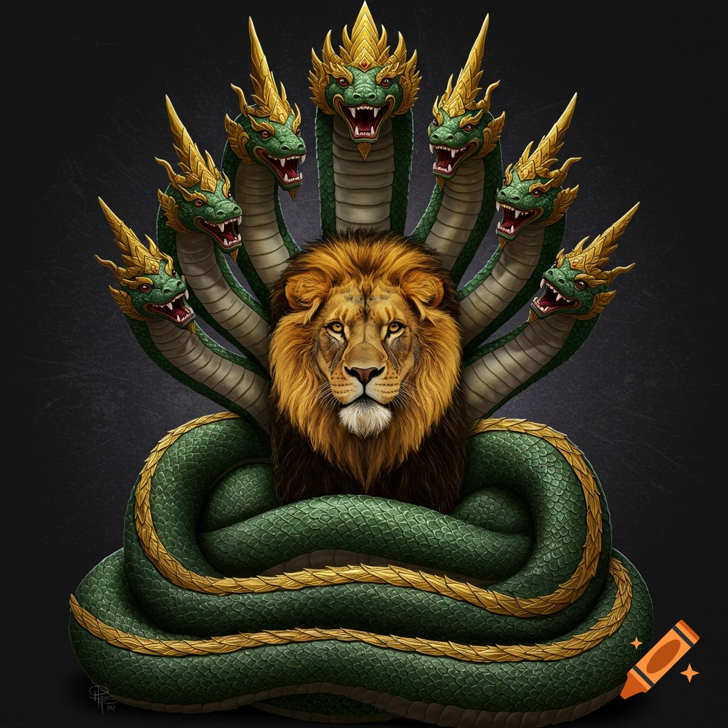 Seven-headed Naga King protectively coiling around a lion on Craiyon