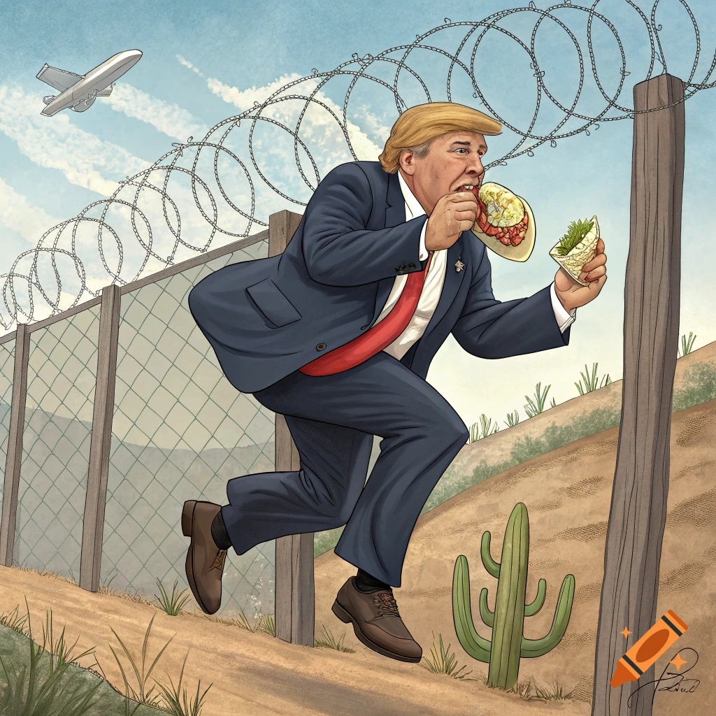 Trump jumping border while eating tacos on Craiyon