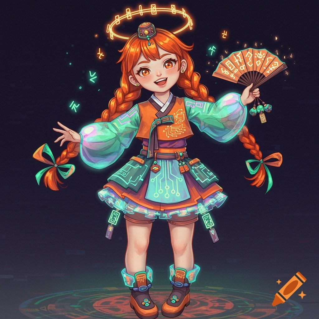 Korean tech-witch child with orange braids, futuristic hanbok, and ...