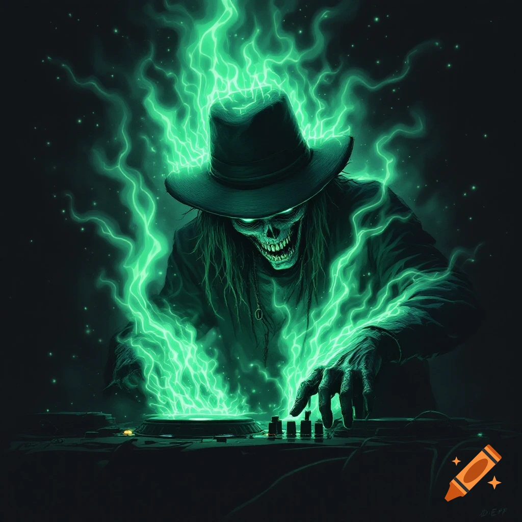 Skeleton DJ scratching records with green lightning effects around him ...