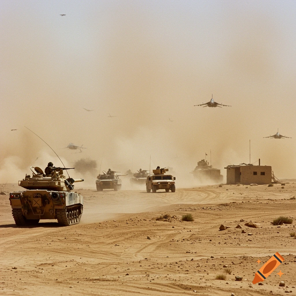 Military tanks and vehicles move through a dusty desert landscape with ...