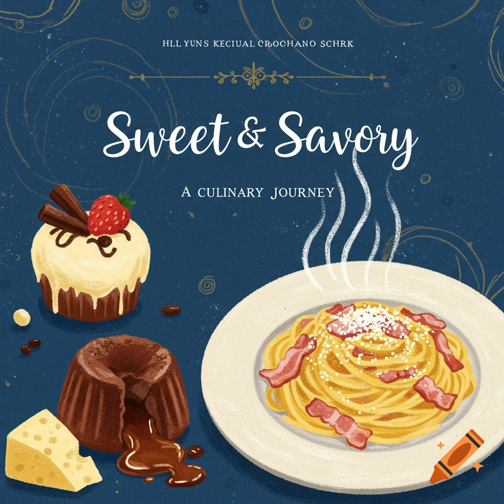 A illustration of a cookbook cover with pasta, a chocolate lava cake ...