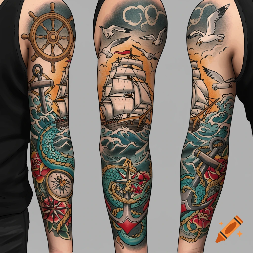 American traditional style arm sleeve tattoo with a ship, anchor, sea ...