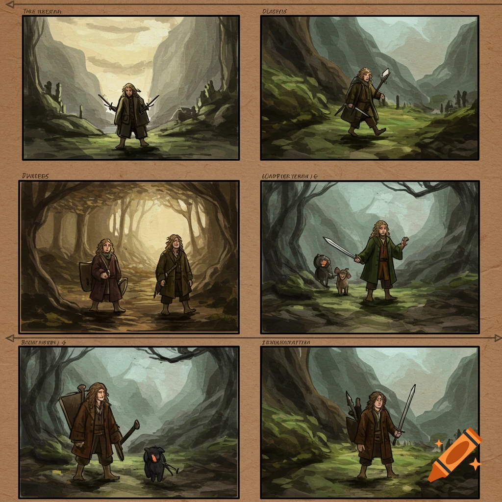 Storyboard of a key event in The Hobbit, chapters 1-5. on Craiyon