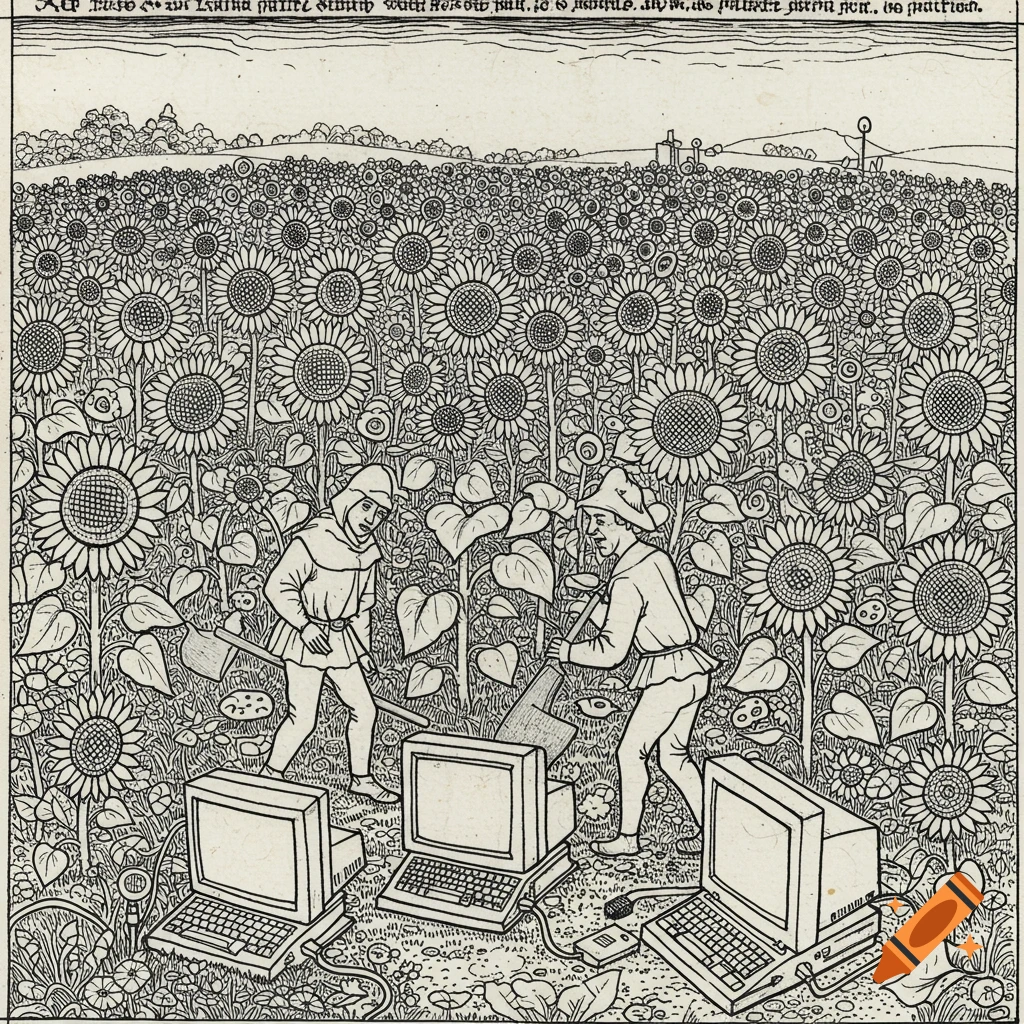 Medieval manuscript style line drawing of serfs working in a field of ...