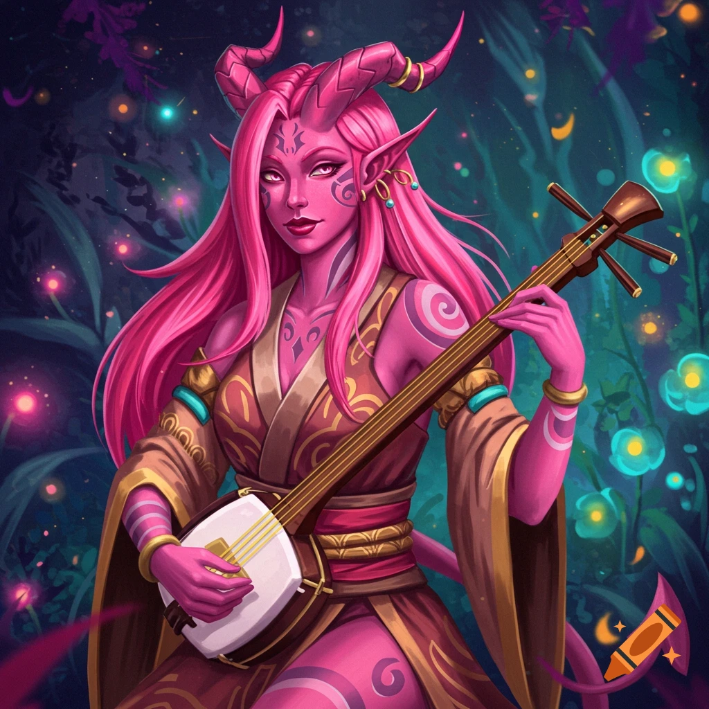 A pink satyr plays a hurdy gurdy in a lush, sunlit fantasy forest. on Craiyon