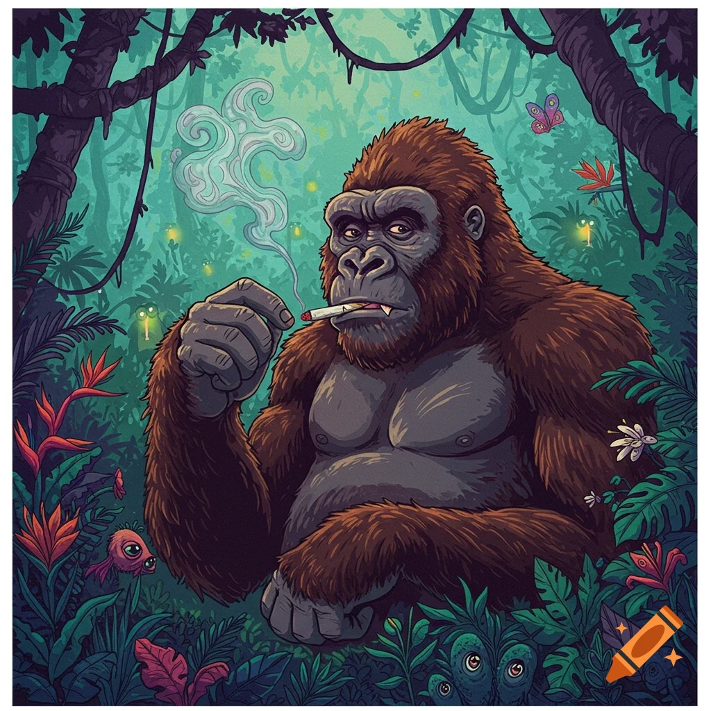 Green gorilla smoking a joint in a lush jungle setting. on Craiyon