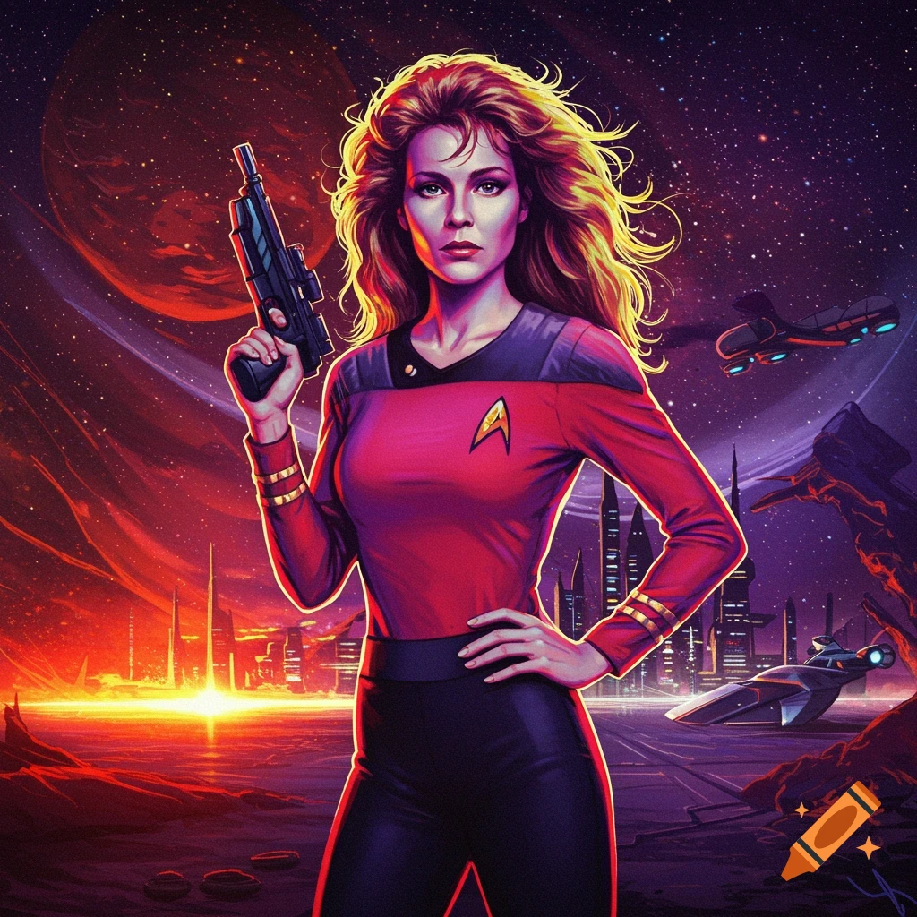 Woman in a red sci-fi uniform with a phaser in a futuristic city landscape. on Craiyon