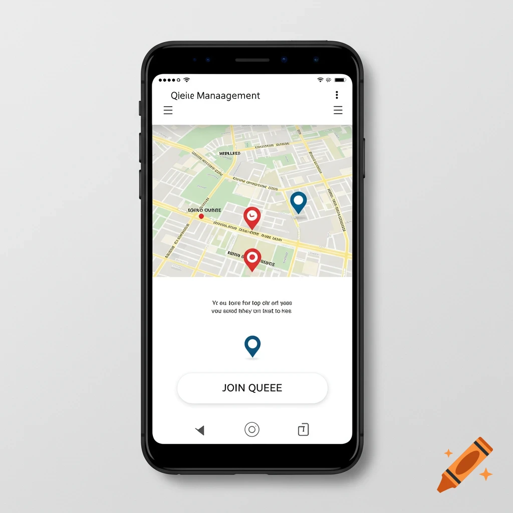 Smartphone screen displaying a queue management app with wait time and ...