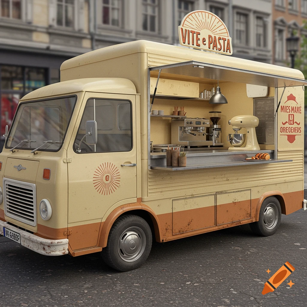 A photorealistic 70s diner-themed food truck named "Vite e Pasta ...