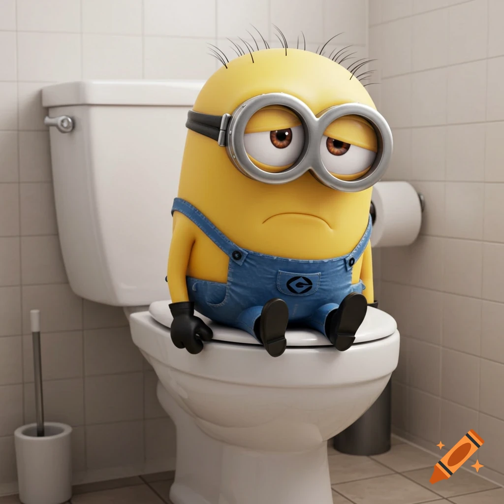 A sad Minion sits on a toilet in a bathroom. on Craiyon