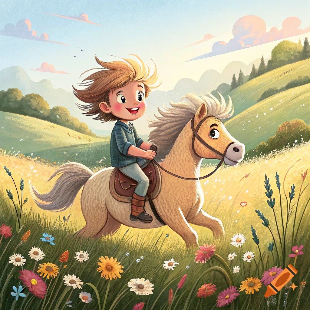 Cartoon illustration of a child riding a pony through a meadow full of ...