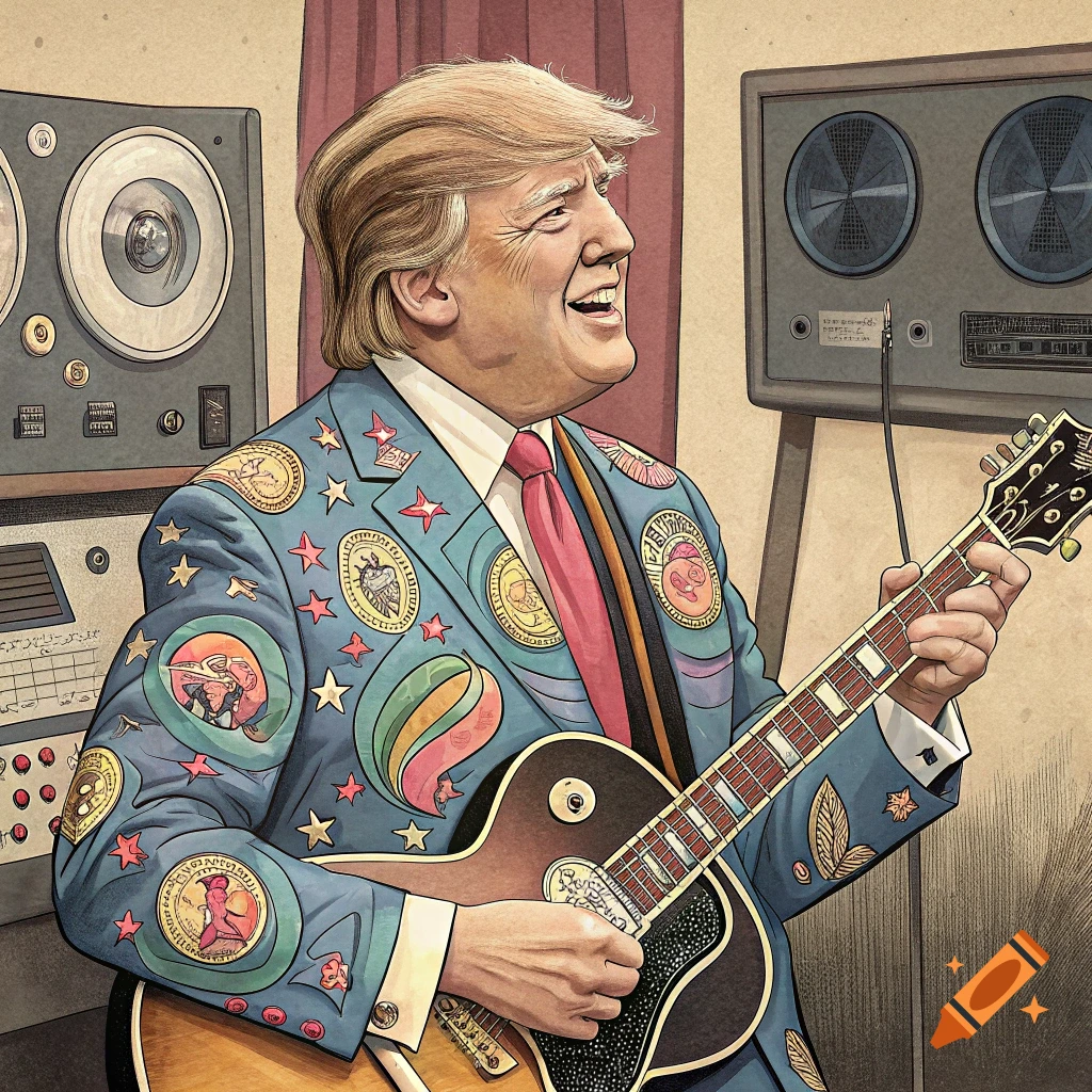 Donald Trump playing blues guitar solo in a smoke-filled bar on Craiyon