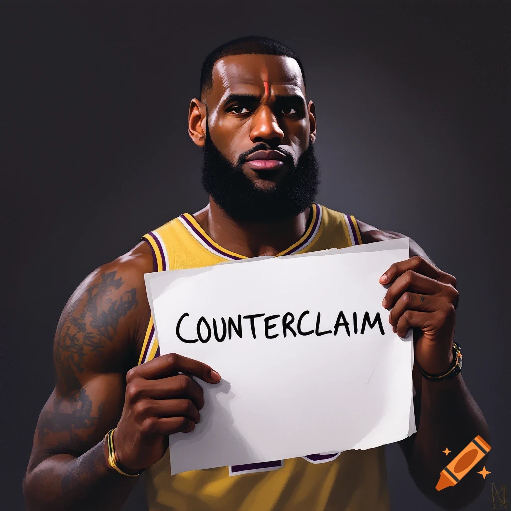 LeBron James holding a paper that says COUNTERCLAIM on Craiyon