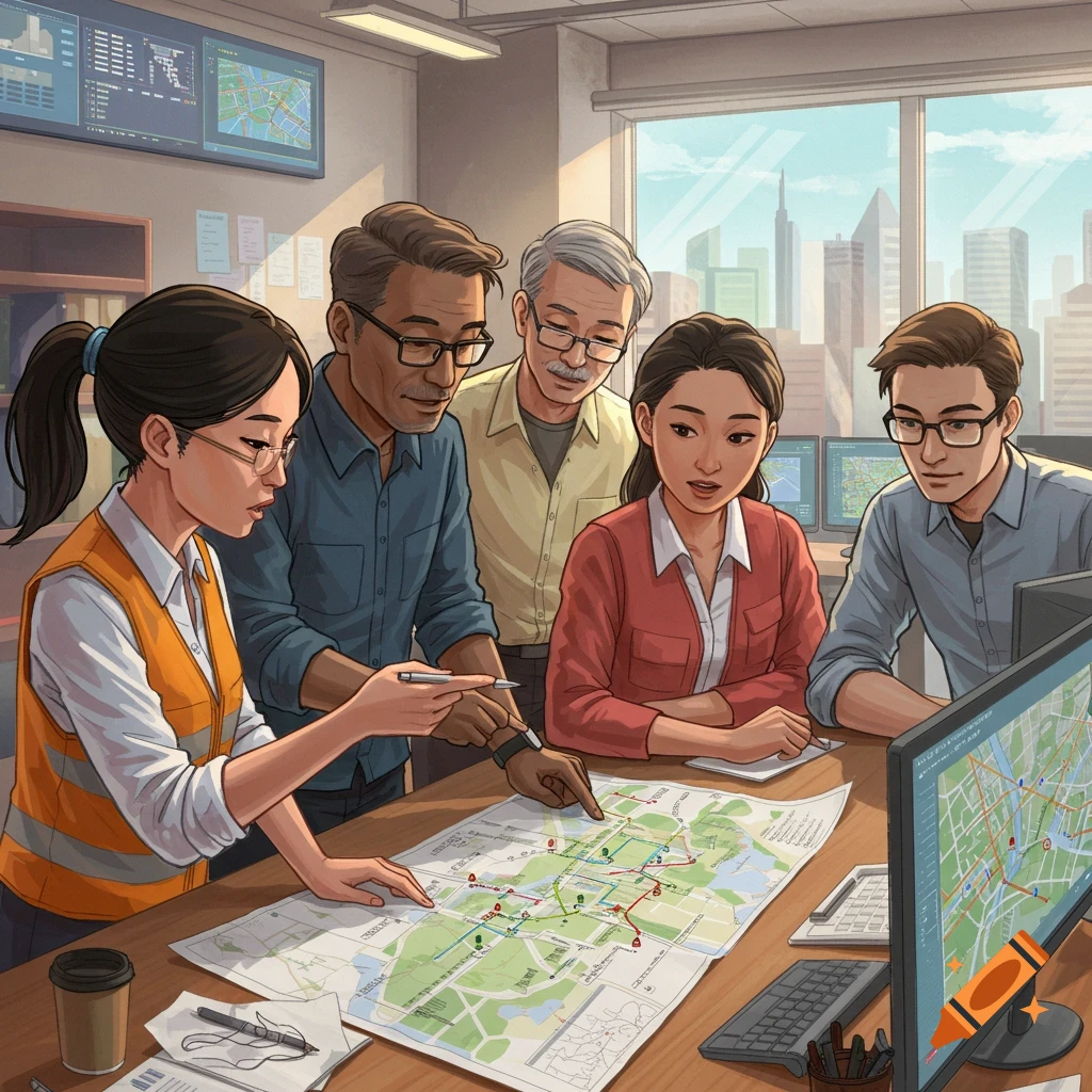 A group of diverse people in an office reviewing a map and data screens ...