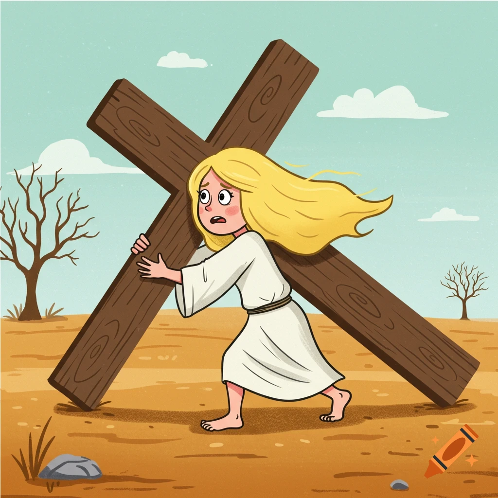 Cartoon illustration of a female figure struggling to carry a large ...