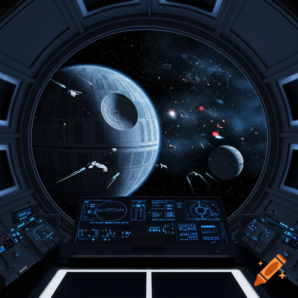 4k wallpaper of a Death Star bridge overlooking a space battle with a ...