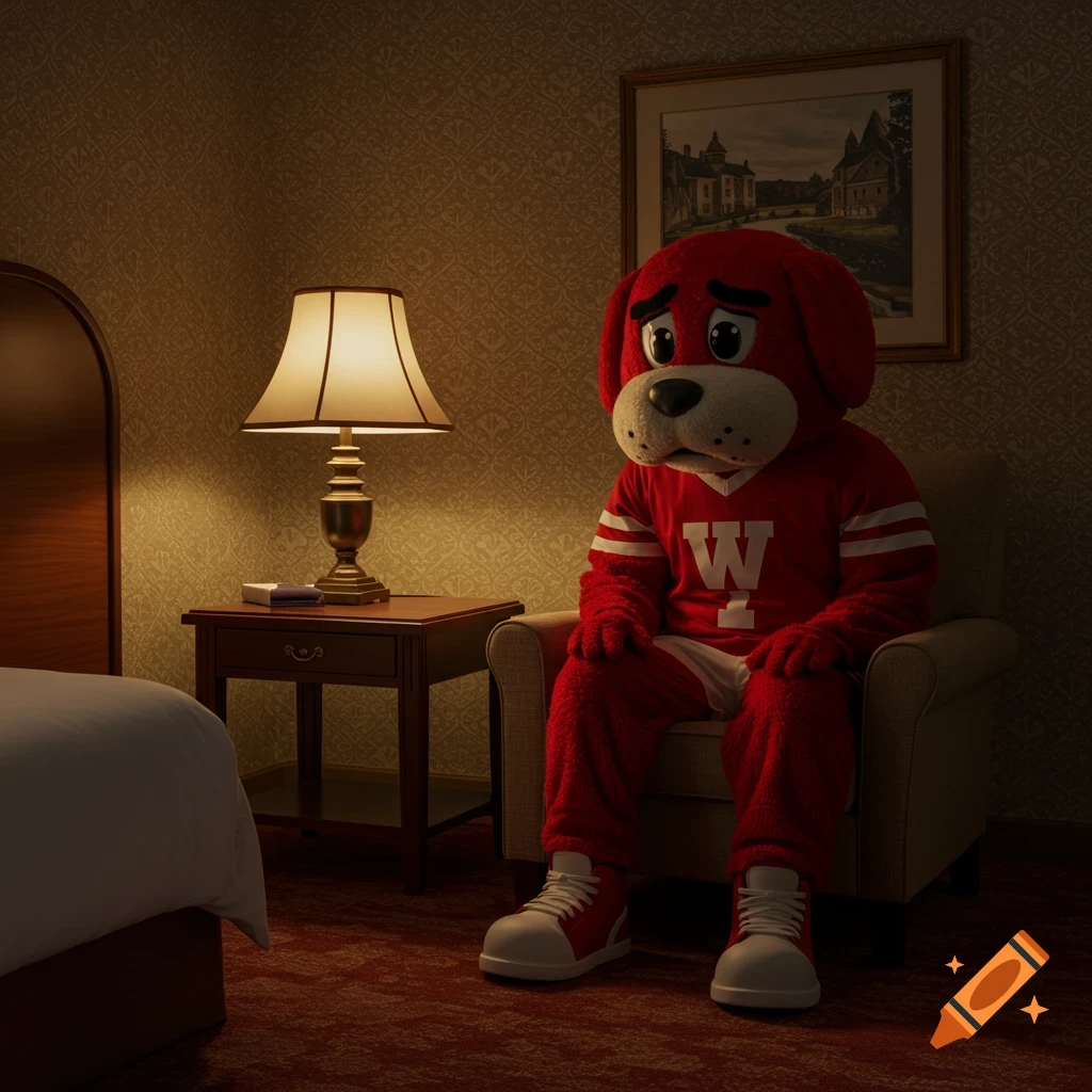 Cartoon style Big Red mascot sadly sitting in a retro hotel room on Craiyon