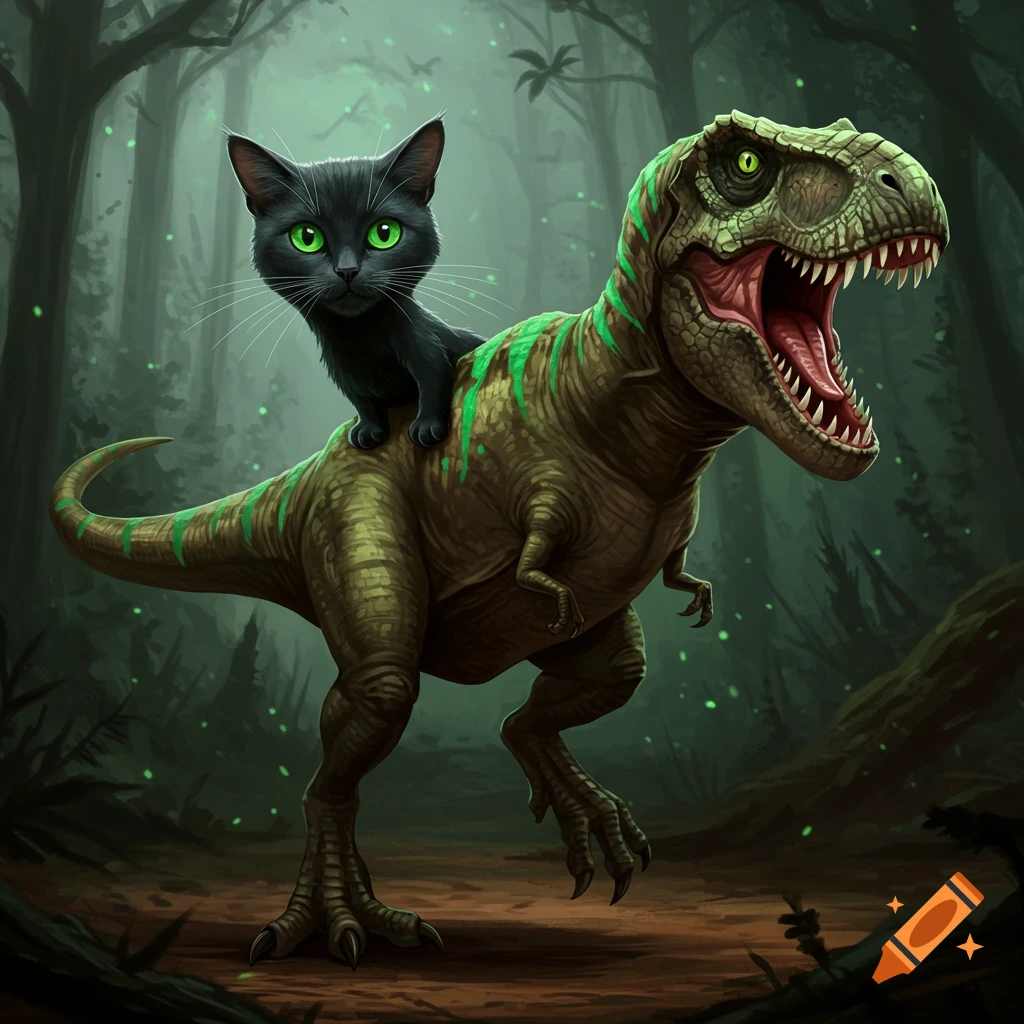 A black cat riding a T-Rex through a forest on Craiyon