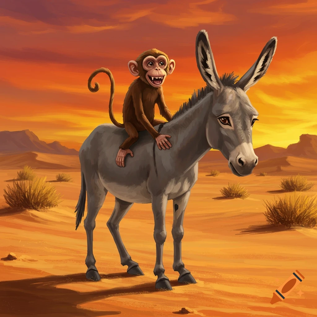 A cartoon monkey rides a donkey through a desert landscape at sunset. on Craiyon