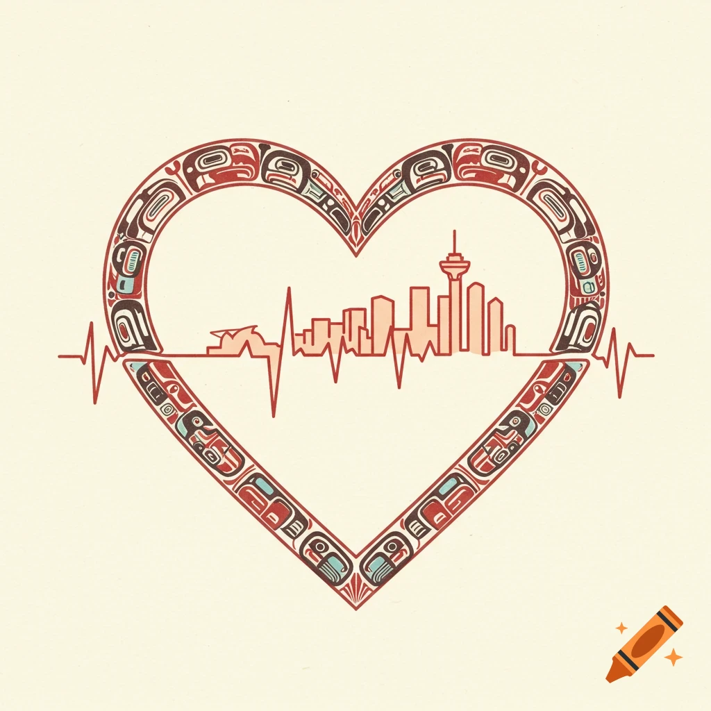 Vancouver city outline inside heart with native art border on Craiyon