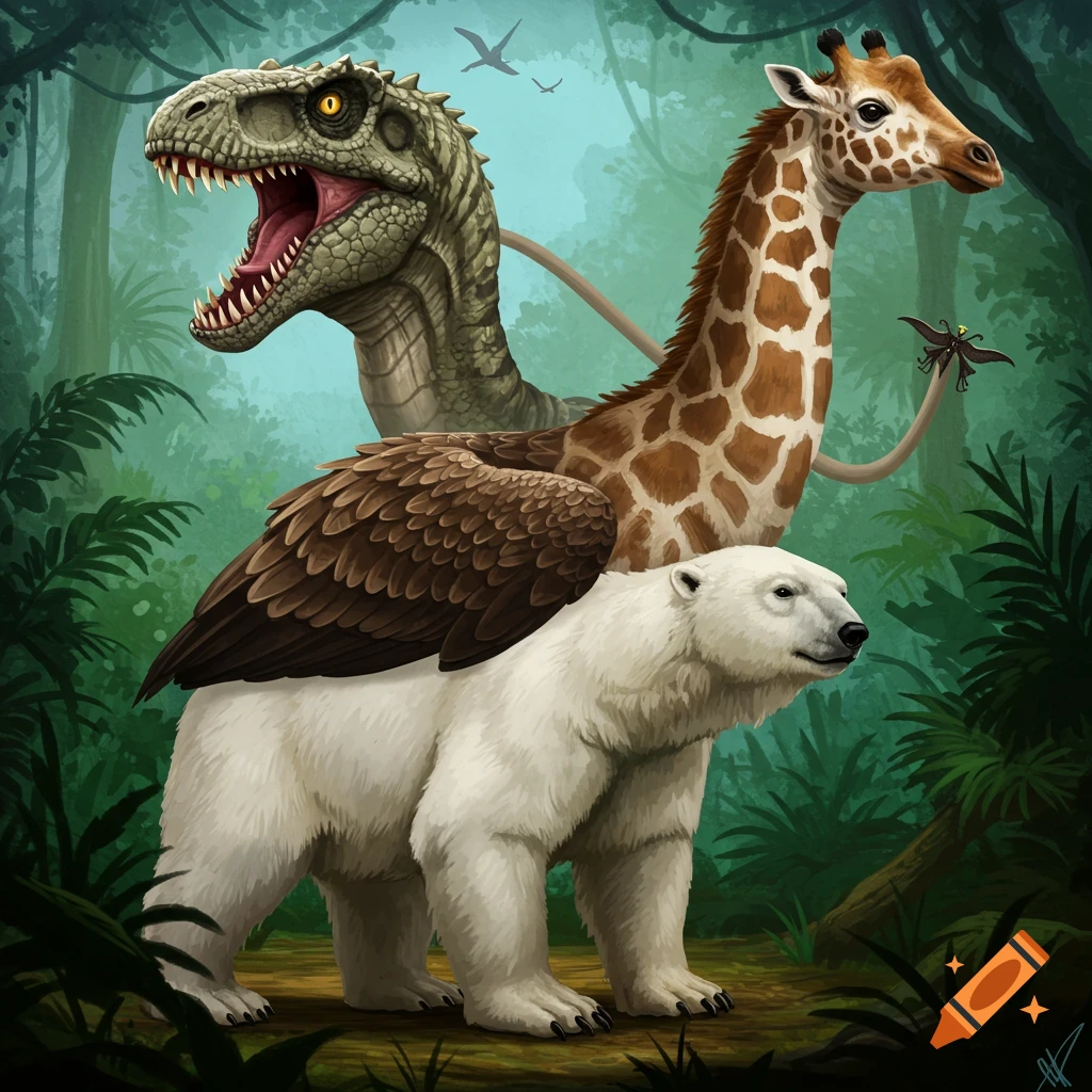 A hybrid creature with the head of a T-Rex, the neck of a giraffe, the ...