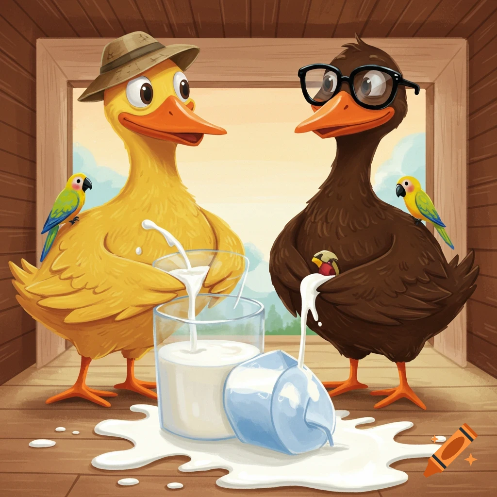 Cartoon ducks with fisherman's hat and sunglasses squashing parakeets ...