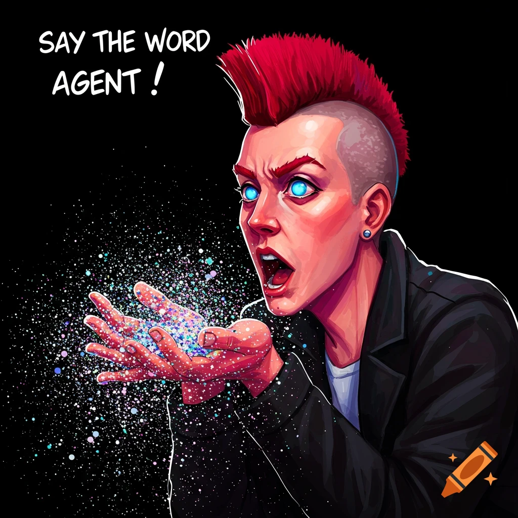 A person with red mohawk and glowing eyes throws glitter, with text ...