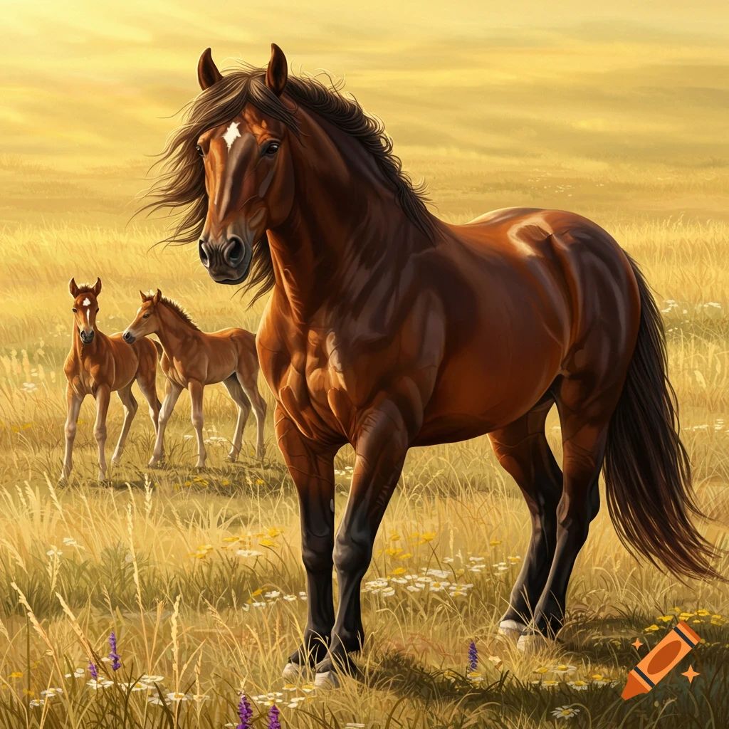A brown horse stands in a field with two foals behind it. on Craiyon