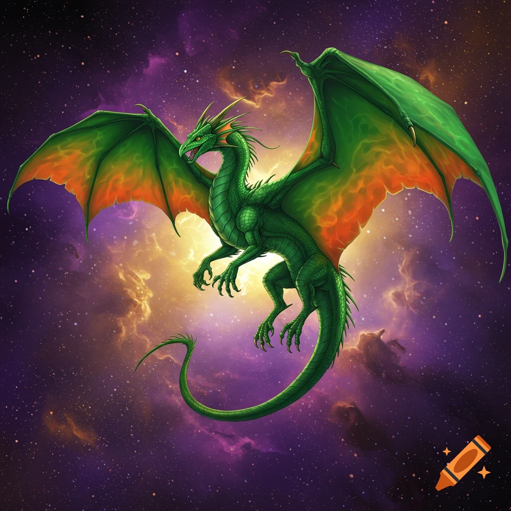 A large fantasy dragon roars through the cosmos of space surrounded by ...