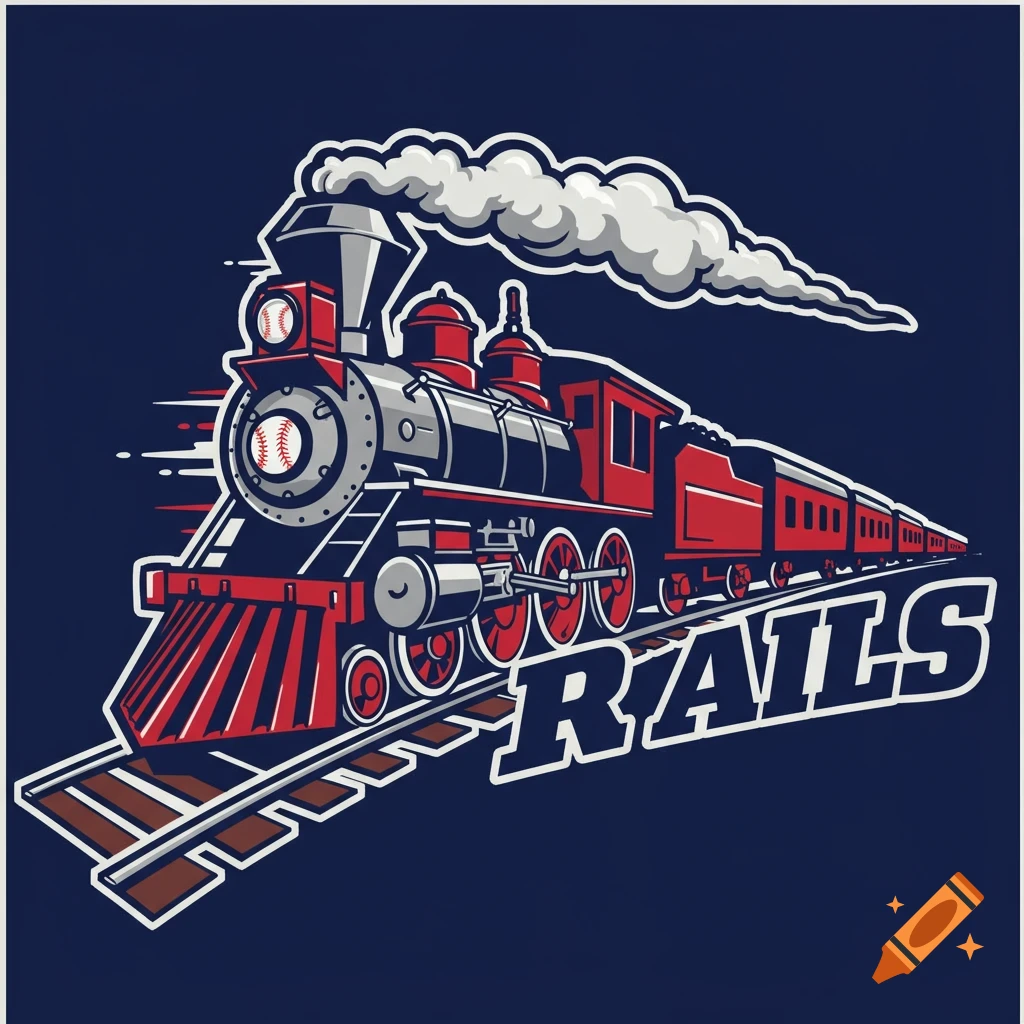 Logo of a red and black steam train with a baseball detail and 'RAILS ...