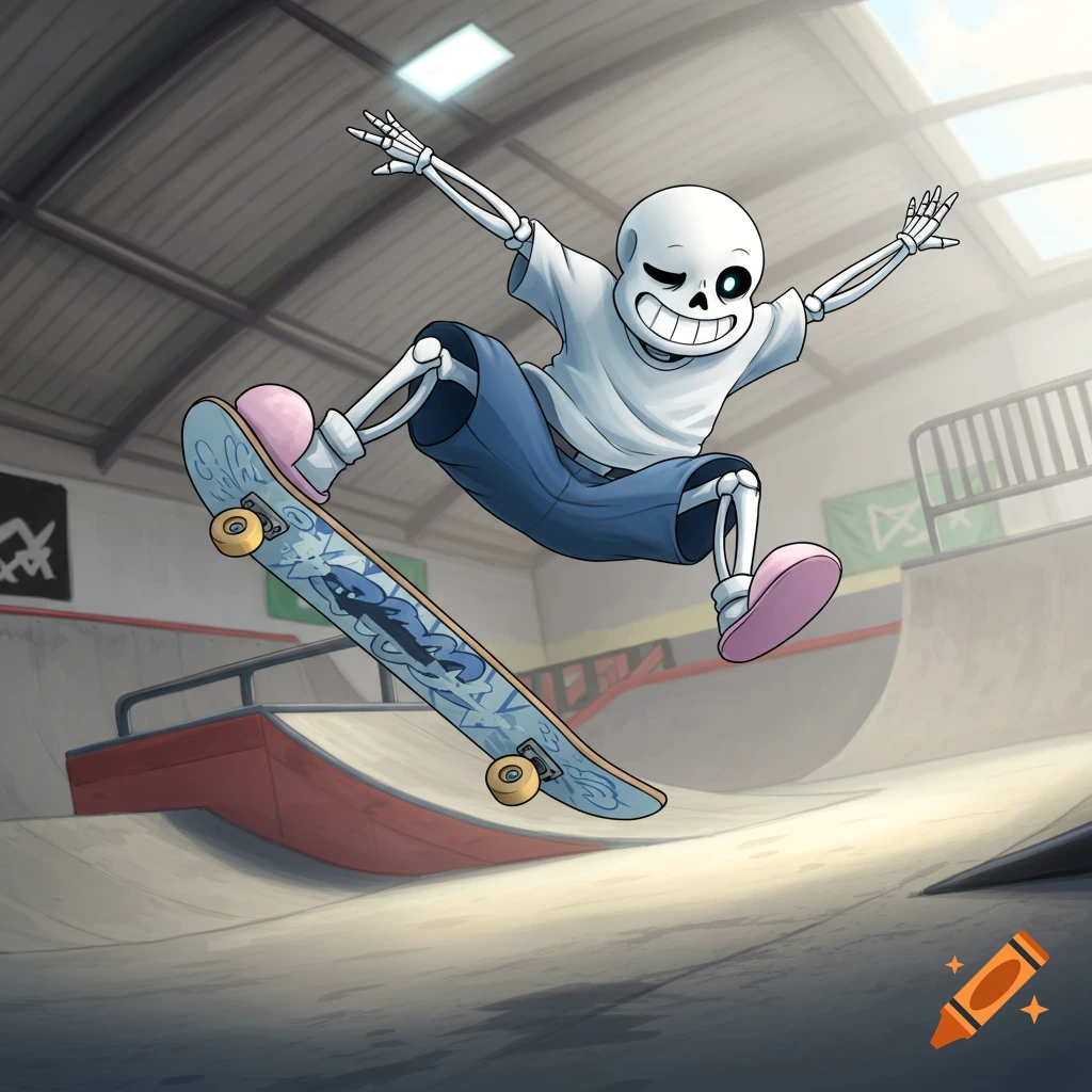 Cartoon skeleton character doing a skateboarding trick in an indoor ...