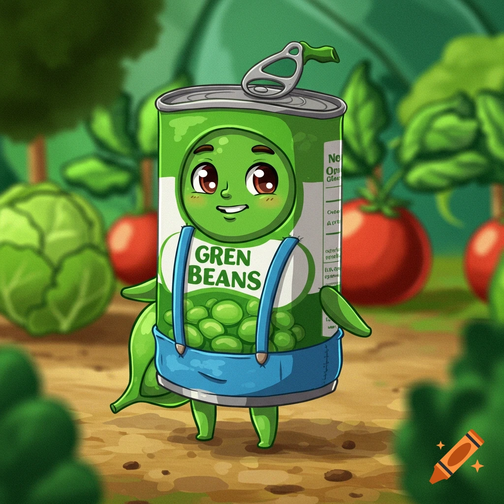 Green bean character wearing a green bean can and suspenders on Craiyon