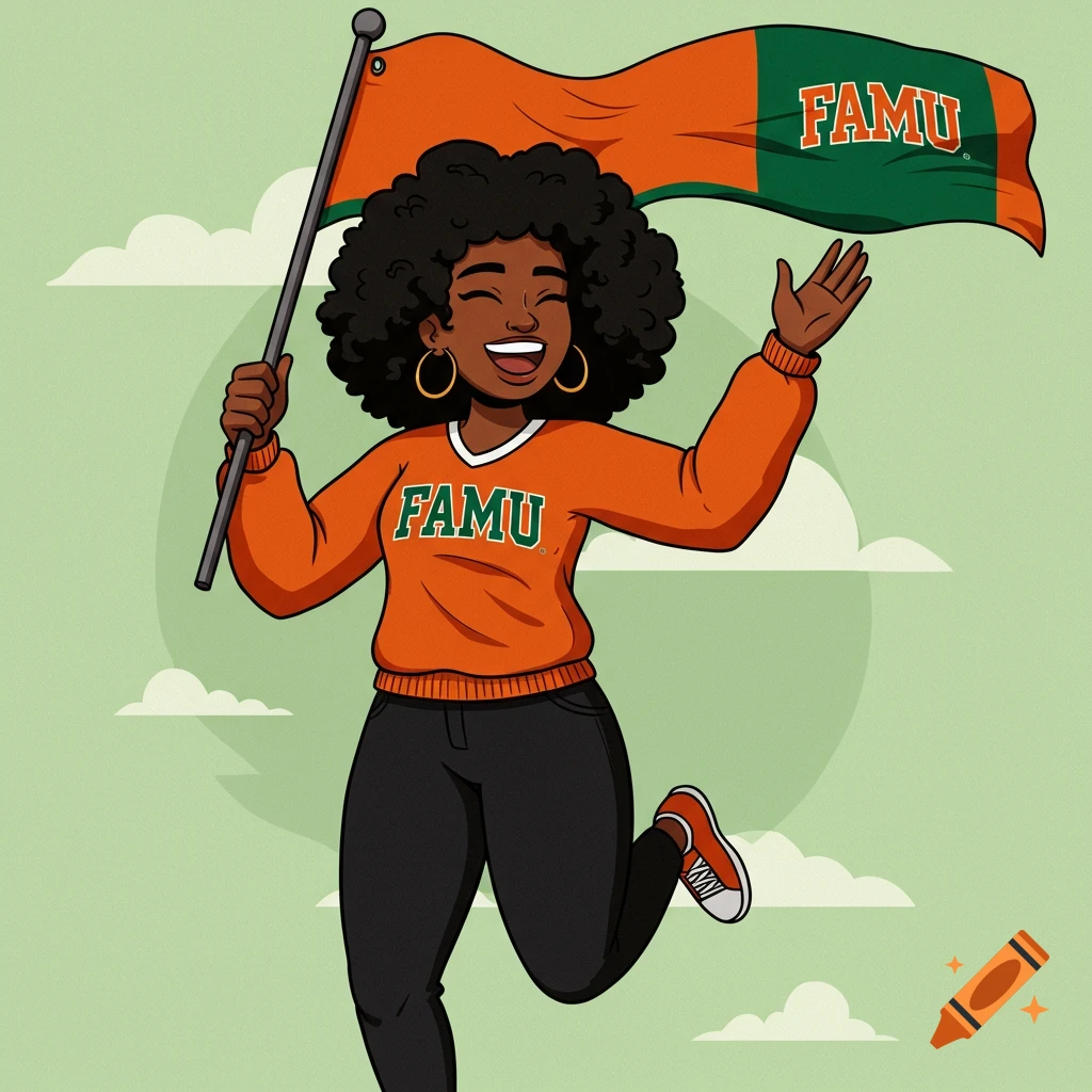 Cartoon of a Black girl student waving FAMU colors (orange and green ...