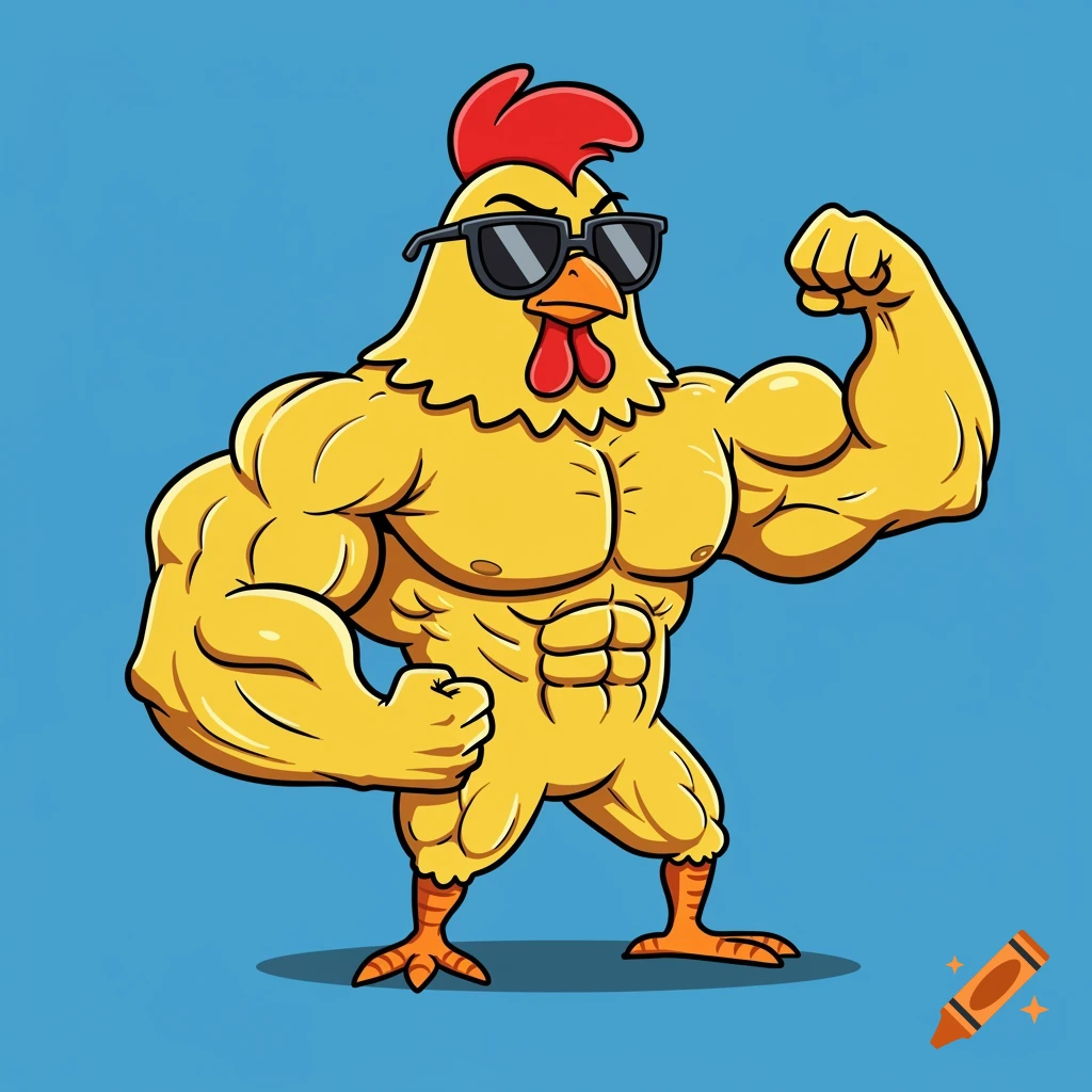 A muscular brown chicken flexing its biceps with a pancake and melting butter on its head ...