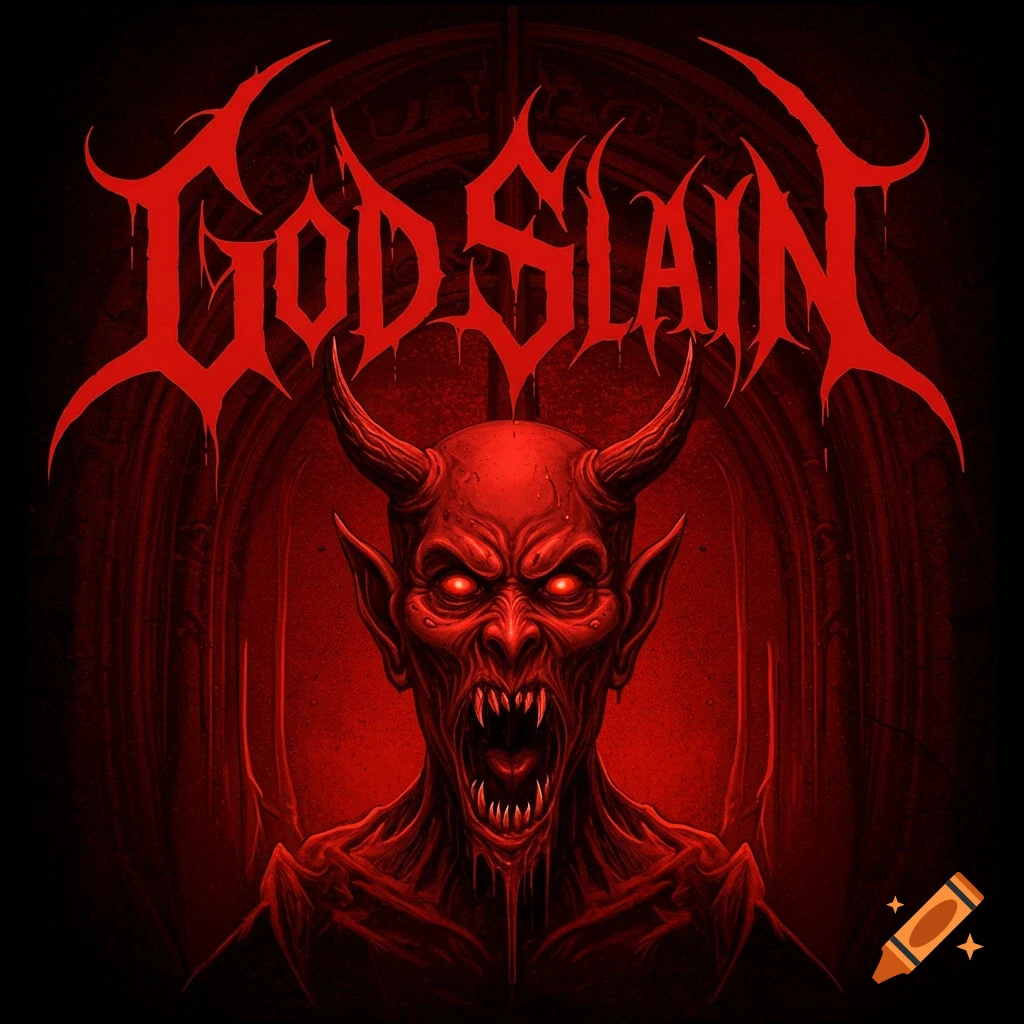Red stylized text 'GODSLAIN' above a red demon face with horns and ...