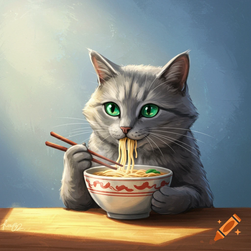 Grey cat eating noodles on Craiyon