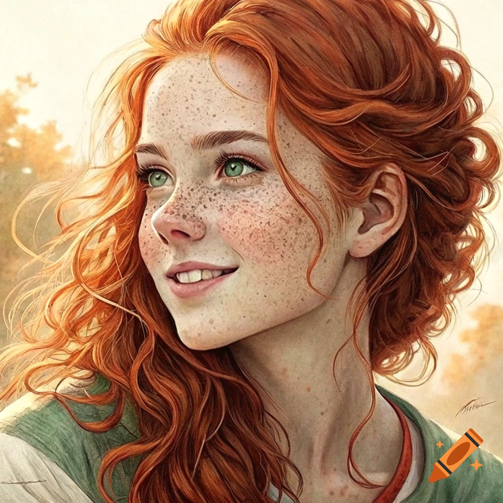 Teen girl with red hair, freckles, and green eyes on Craiyon