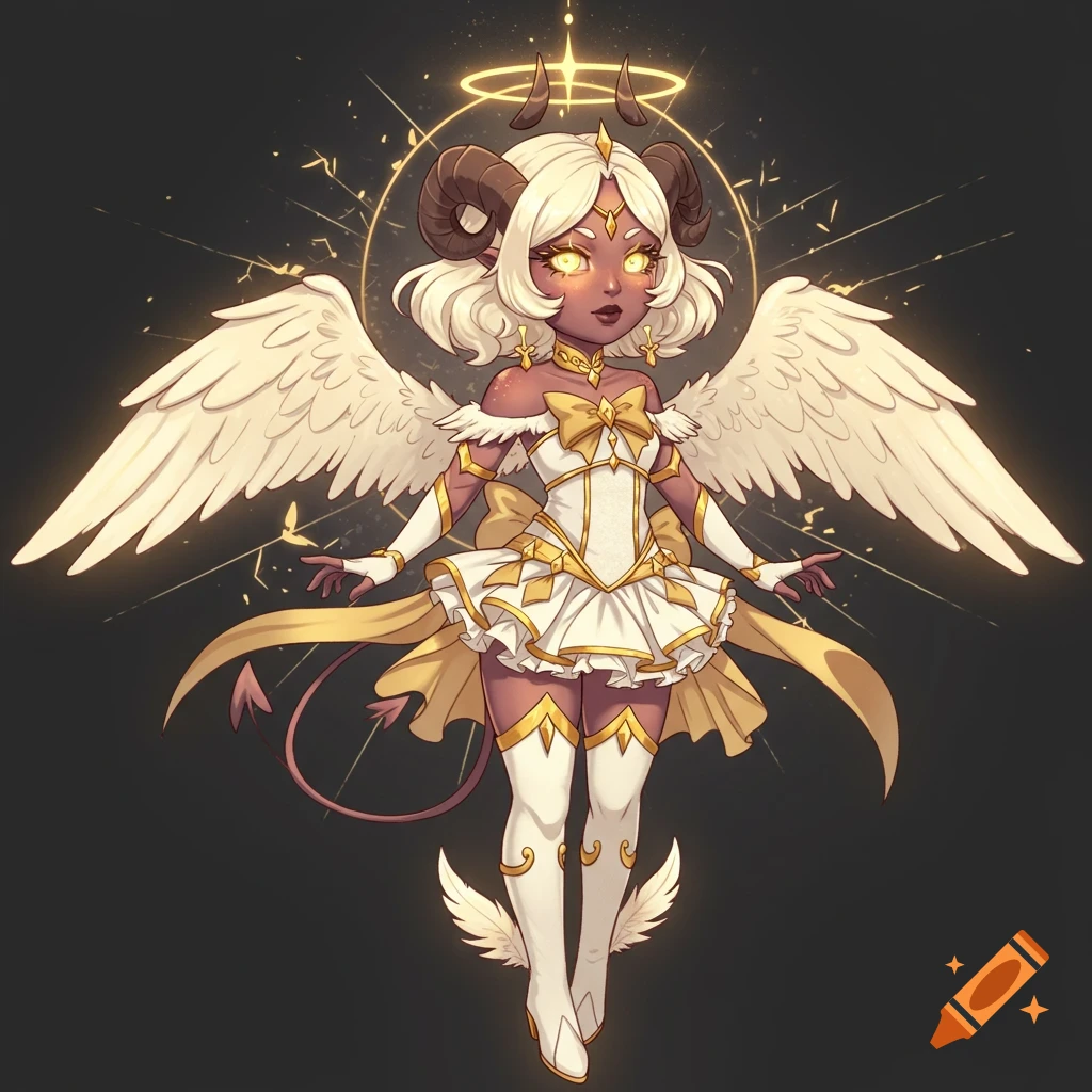 Magical girl with horns, tail, and glowing eyes in angelic attire on ...
