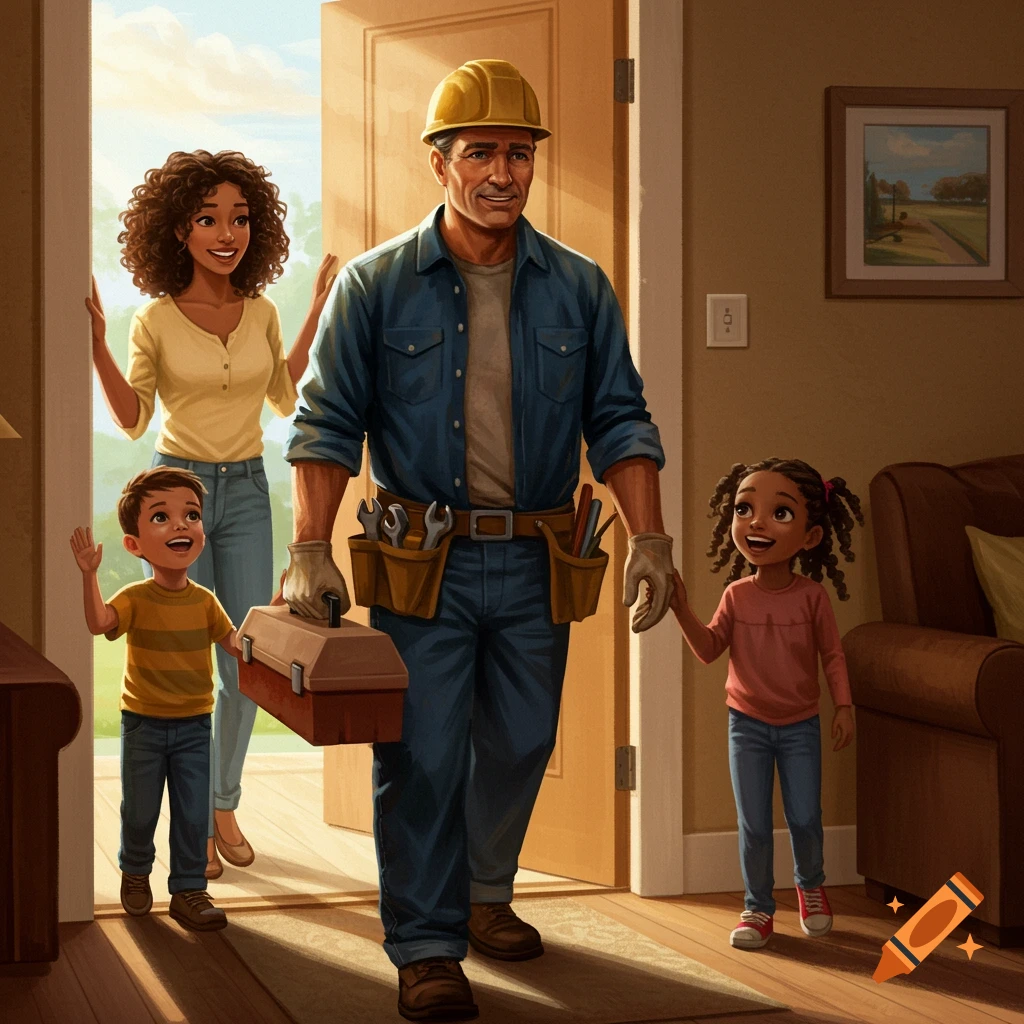 Construction worker returning home to family on Craiyon