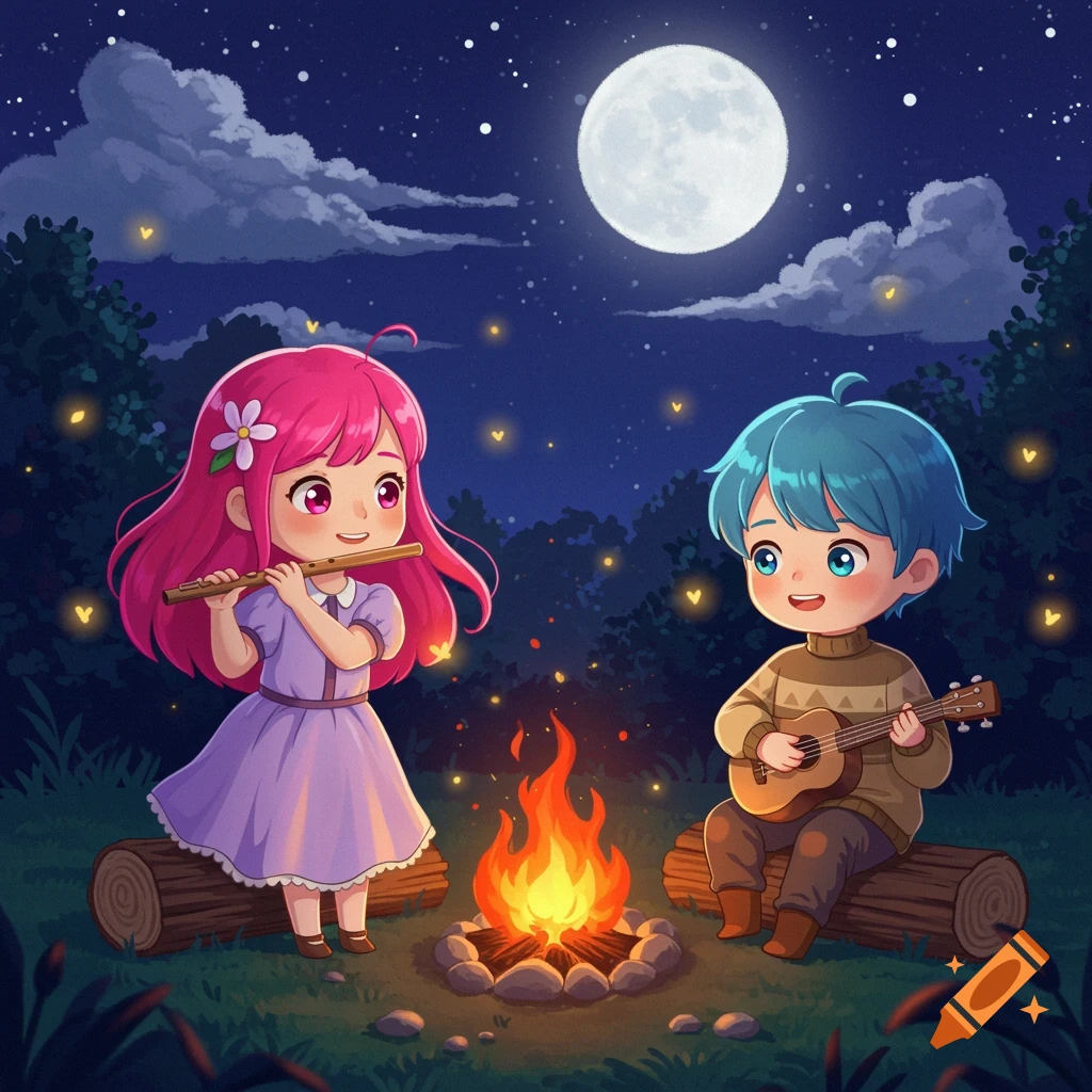 Cute anime children play music by a campfire under a full moon with ...
