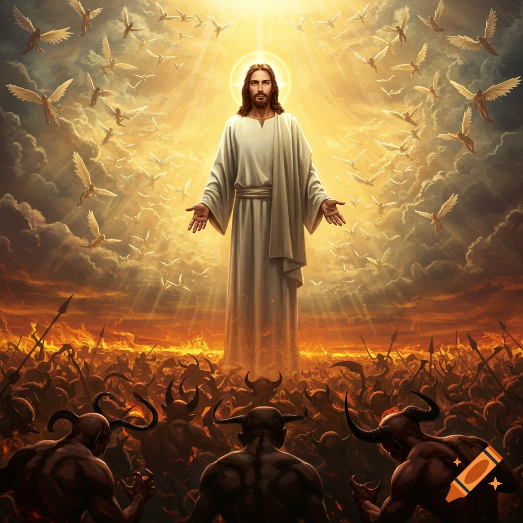 Jesus floats above a city, surrounded by angels in a golden sky, as a ...