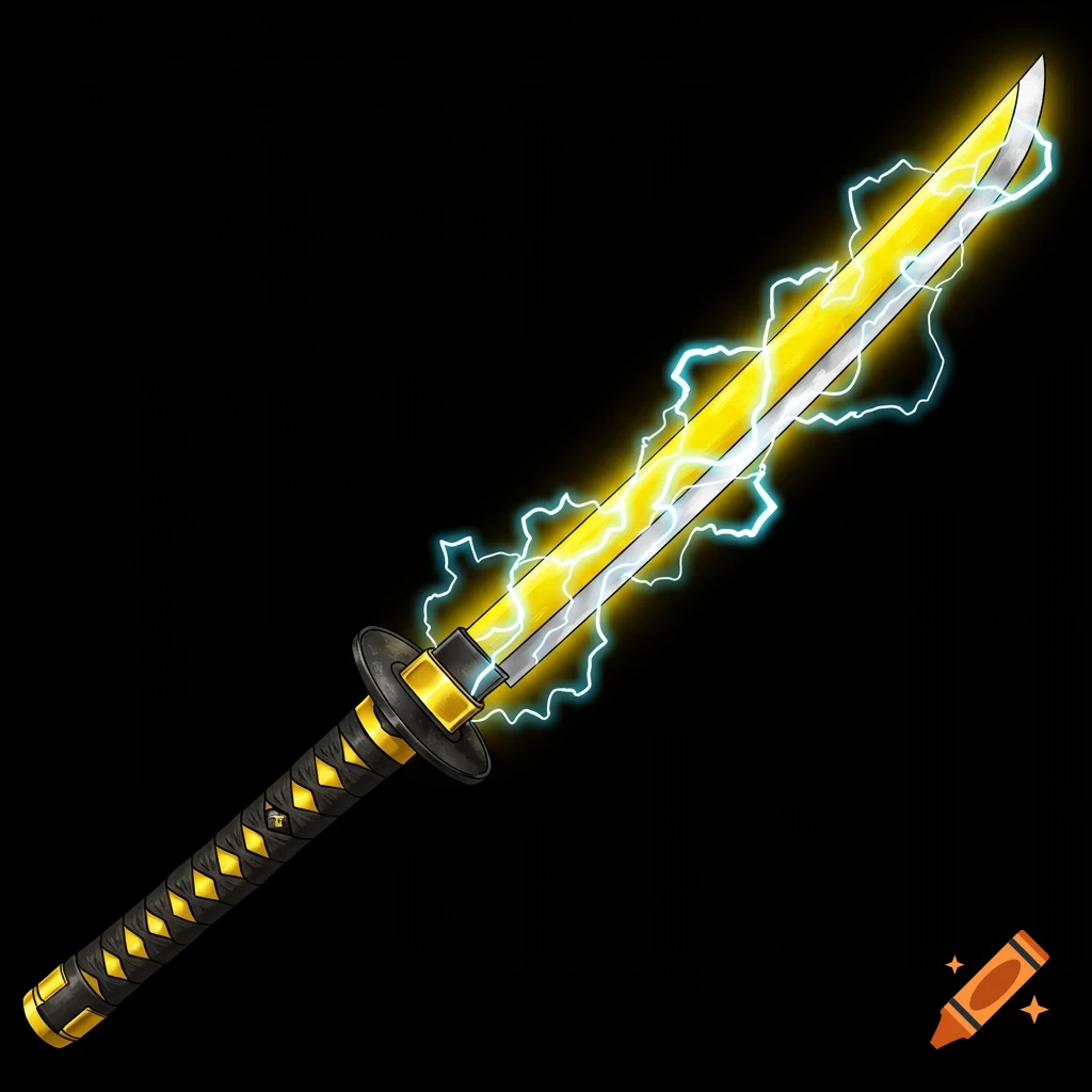 A dark katana sword crackling with red lightning energy, on a black ...