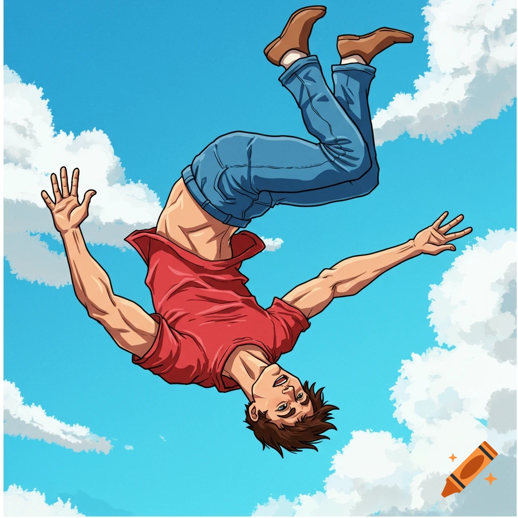 Cartoon man in red shirt and jeans doing a backflip against a blue sky ...