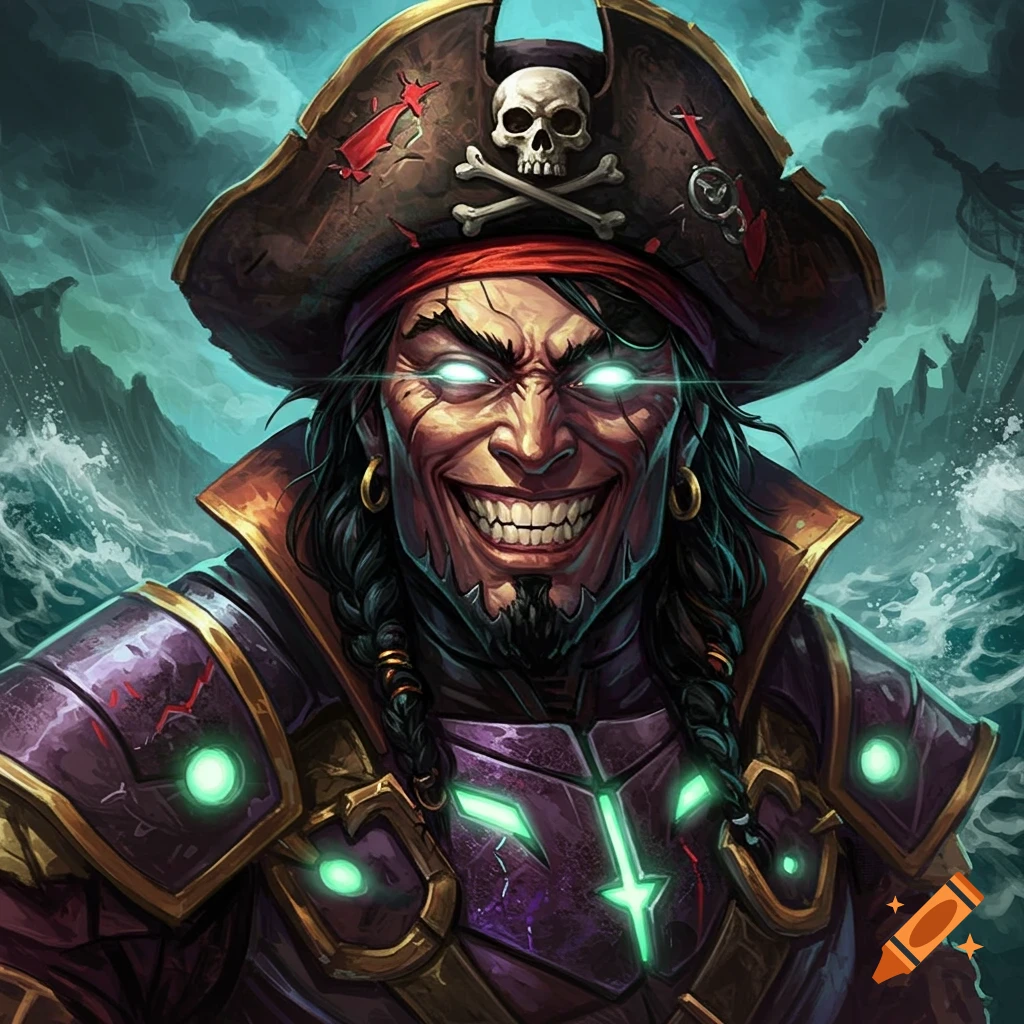 A fierce pirate character with glowing eyes, wearing a hat and armor ...