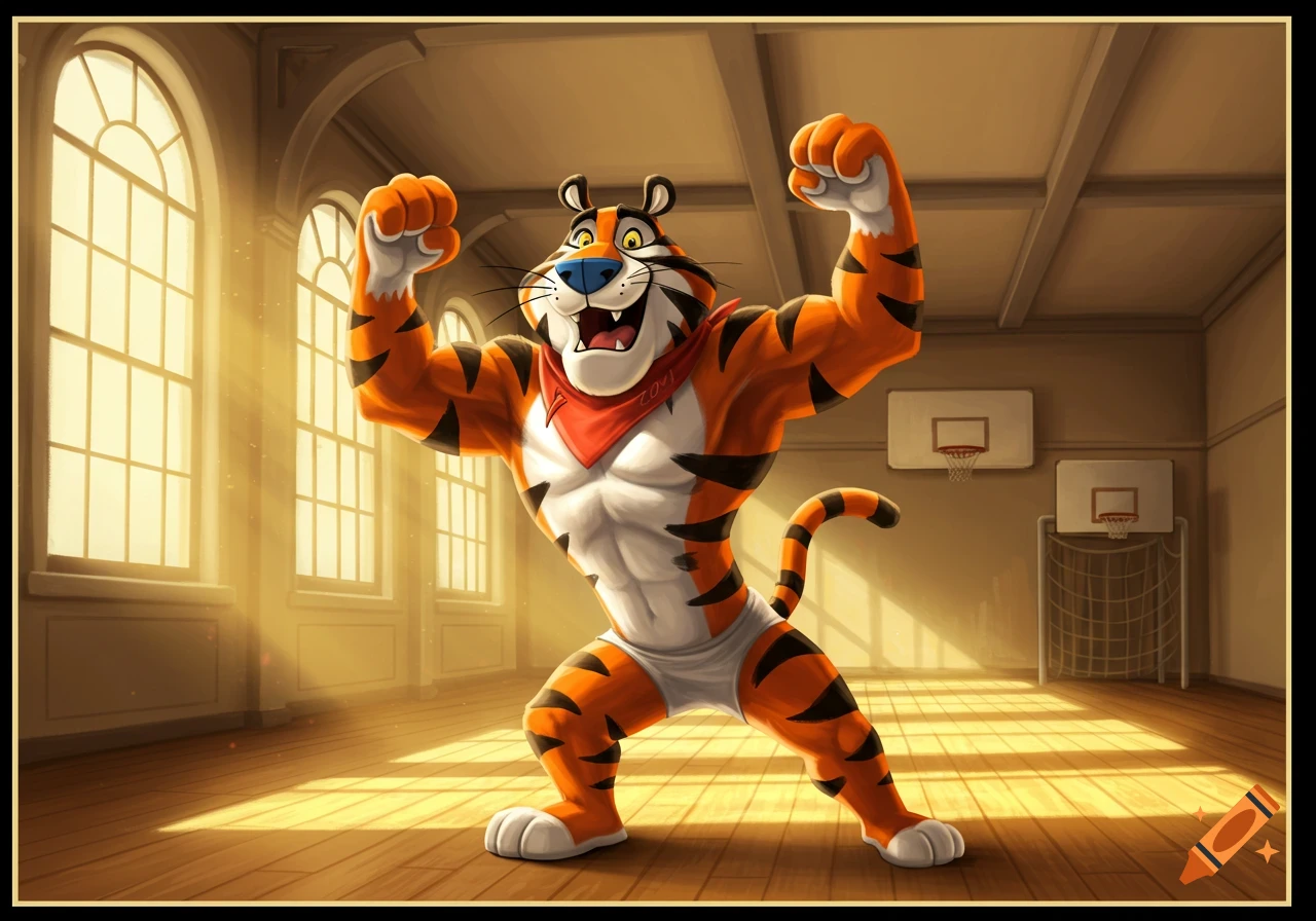 Two anthropomorphic tigers, one male and one muscular female, compare ...